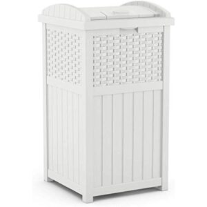 Suncast Wicker Resin Outdoor Hideaway Trash Can Bin with Latching Lid for Use in Backyard, Deck, or Patio, White (2 Pack)