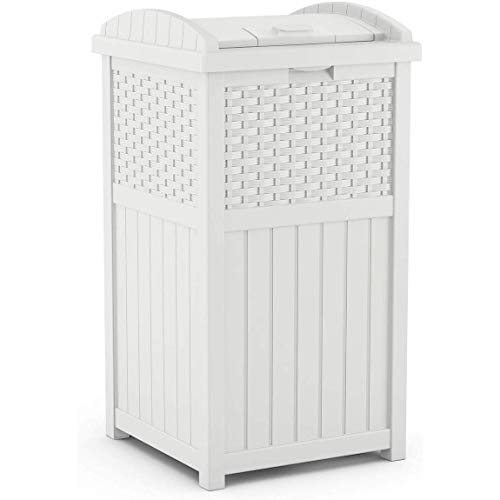 Suncast Wicker Resin Outdoor Hideaway Trash Can Bin with Latching Lid for Use in Backyard, Deck, or Patio, White (2 Pack)