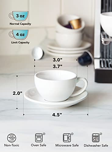 LE TAUCI 3 oz Espresso Cups with Saucers，Set of 4，Demitasse Coffee Cup for Shot, Lungo, Ristretto - White