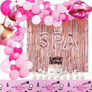 spa day birthday decorations, make up cake cupcake topper balloons arch kit pink tablecloth fringe curtains for girls spa/makeup/salon theme birthday party supplies decorations