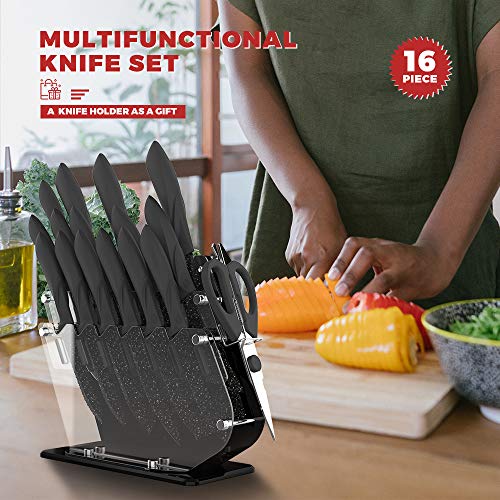 MOSTA Ceramic Coated Knife Block Set with 16Pc or 5Pc Kitchen Knives, Chef Knife,Bread Knife,Steak Knife,Chopper Knife,Butter Knives,Cheese Knife,Pizza Knife,Acrylic Stand,Scissors