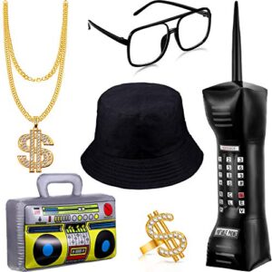 6 pcs 80s 90s hip hop costume outfit kit inflatable radio boombox necklace ring sunglasses hat rapper accessories