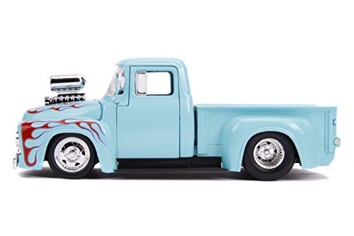 Jada Toys Just Trucks 1:24 1956 Ford F-100 with Rack Die-cast Car Blue/Red Flames, Toys for Kids and Adults