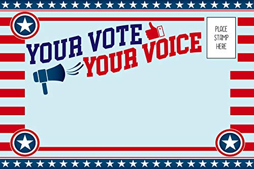 Vote Postcards Bulk - Your Vote Your Voice - Set of 100 4x6 Standard Size - American Flag Patriotism Print, Great Election Supplies, Fun and Eye-Catching Design Postcards for Family and Friends