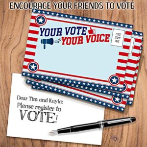 Vote Postcards Bulk - Your Vote Your Voice - Set of 100 4x6 Standard Size - American Flag Patriotism Print, Great Election Supplies, Fun and Eye-Catching Design Postcards for Family and Friends