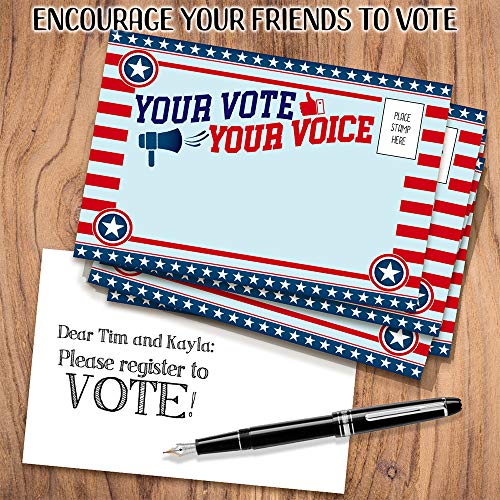 Vote Postcards Bulk - Your Vote Your Voice - Set of 100 4x6 Standard Size - American Flag Patriotism Print, Great Election Supplies, Fun and Eye-Catching Design Postcards for Family and Friends