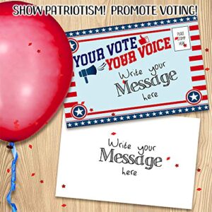 Vote Postcards Bulk - Your Vote Your Voice - Set of 100 4x6 Standard Size - American Flag Patriotism Print, Great Election Supplies, Fun and Eye-Catching Design Postcards for Family and Friends