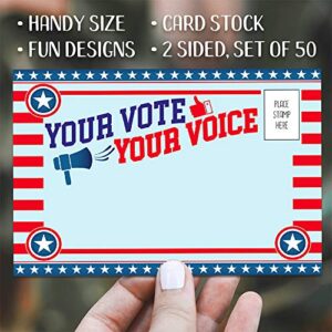 Vote Postcards Bulk - Your Vote Your Voice - Set of 100 4x6 Standard Size - American Flag Patriotism Print, Great Election Supplies, Fun and Eye-Catching Design Postcards for Family and Friends