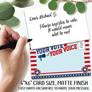 Vote Postcards Bulk - Your Vote Your Voice - Set of 100 4x6 Standard Size - American Flag Patriotism Print, Great Election Supplies, Fun and Eye-Catching Design Postcards for Family and Friends