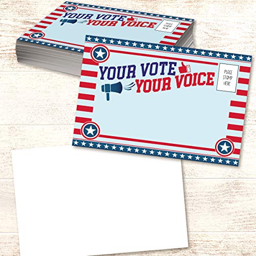 Vote Postcards Bulk - Your Vote Your Voice - Set of 100 4x6 Standard Size - American Flag Patriotism Print, Great Election Supplies, Fun and Eye-Catching Design Postcards for Family and Friends