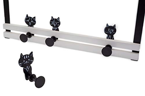 Creathome Over The Door Rail with 4 Peg Hooks, Lovely Cat Pattern, Black and White Style