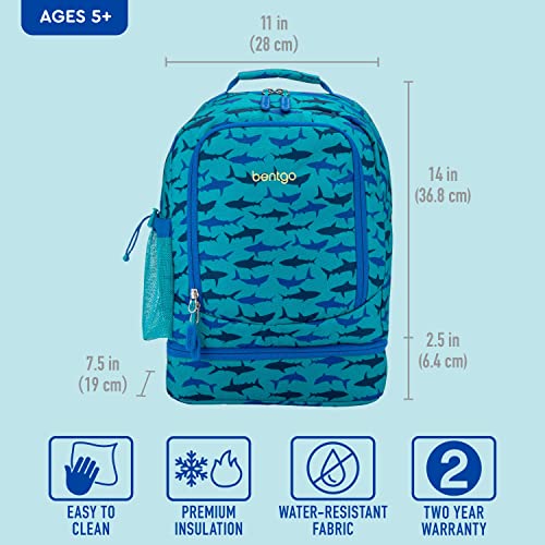 Bentgo® Kids 2-in-1 Backpack & Insulated Lunch Bag - Durable 16” Backpack & Lunch Container in Unique Prints for School & Travel - Water Resistant, Padded & Large Compartments (Shark)