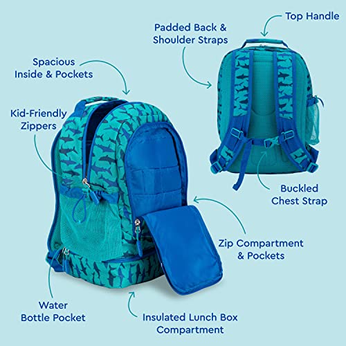 Bentgo® Kids 2-in-1 Backpack & Insulated Lunch Bag - Durable 16” Backpack & Lunch Container in Unique Prints for School & Travel - Water Resistant, Padded & Large Compartments (Shark)