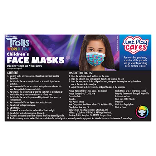 Just Play DreamWorks Trolls Children's Single Use Face Mask, Trolls World Tour, 14 Count, Small, Ages 2 - 7, Multi-Color.