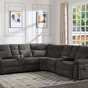 FREESNOOZE Manual Reclining Sectional Sofa Recliner Sofa with Cup Holder and Storage Console for Living Room Furniture(Fabric Grey)