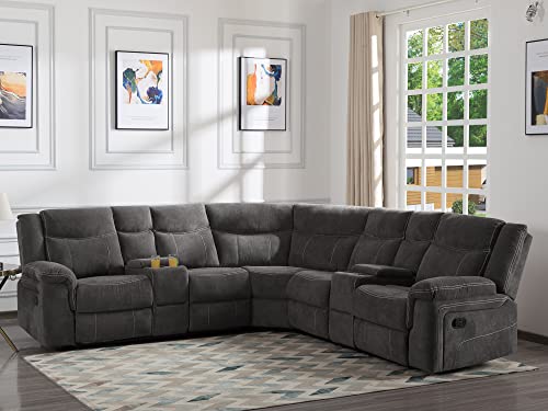 FREESNOOZE Manual Reclining Sectional Sofa Recliner Sofa with Cup Holder and Storage Console for Living Room Furniture(Fabric Grey)