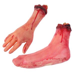 omigga 2 pack fake human severed arm hand with foot, terror bloody dead body parts decorations for halloween parties and cosplay