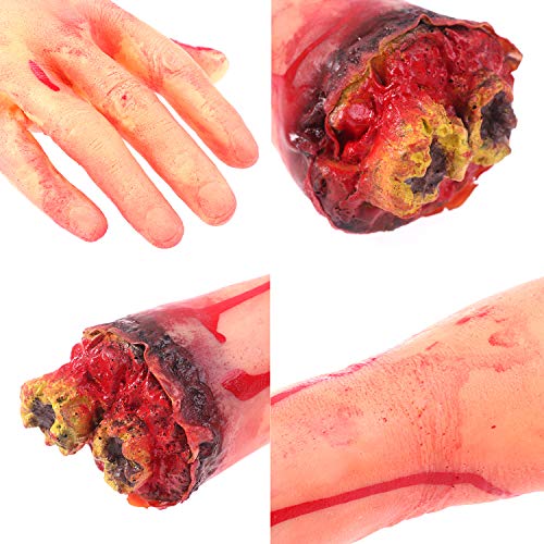 Omigga 2 Pack Fake Human Severed Arm Hand with Foot, Terror Bloody Dead Body Parts Decorations for Halloween Parties and Cosplay