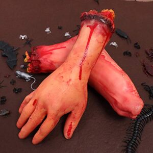 Omigga 2 Pack Fake Human Severed Arm Hand with Foot, Terror Bloody Dead Body Parts Decorations for Halloween Parties and Cosplay