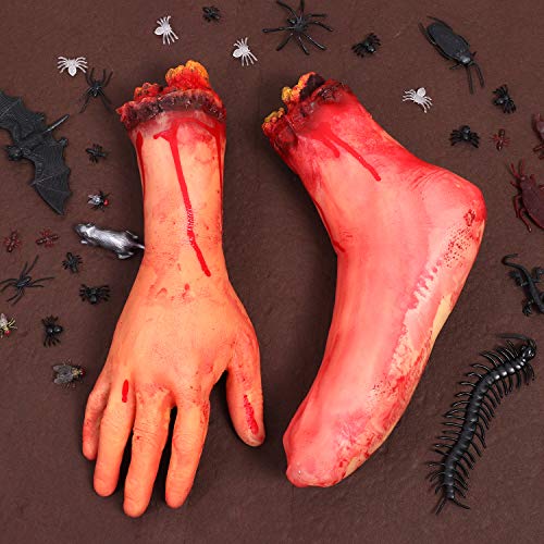 Omigga 2 Pack Fake Human Severed Arm Hand with Foot, Terror Bloody Dead Body Parts Decorations for Halloween Parties and Cosplay