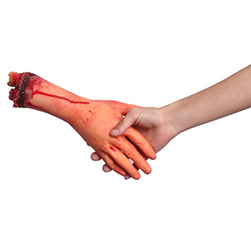 Omigga 2 Pack Fake Human Severed Arm Hand with Foot, Terror Bloody Dead Body Parts Decorations for Halloween Parties and Cosplay