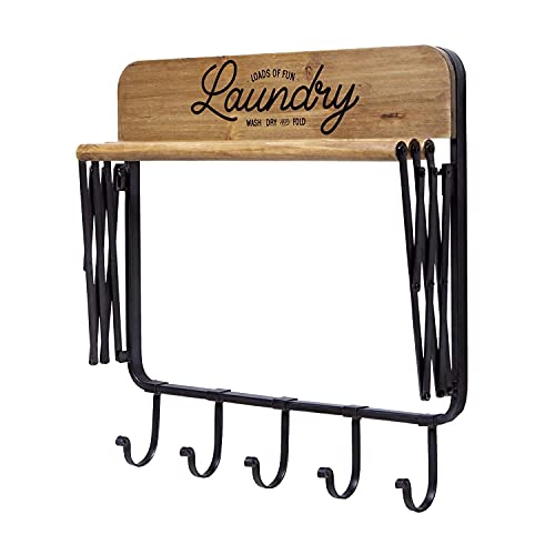 SOFFEE DESIGN Accordion Laundry Rack, Retractable Wall Mounted Racks, 3 Bars & 5 Hooks for Drying Rack Hanging Towels Clothes Save Space Perfect for Laundry Room, Bathroom, Mudroom, Wall Decor