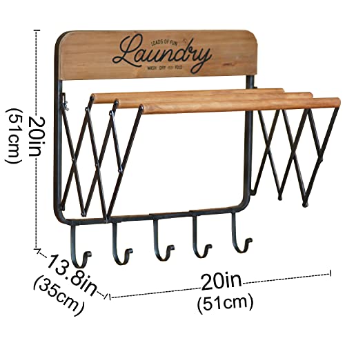 SOFFEE DESIGN Accordion Laundry Rack, Retractable Wall Mounted Racks, 3 Bars & 5 Hooks for Drying Rack Hanging Towels Clothes Save Space Perfect for Laundry Room, Bathroom, Mudroom, Wall Decor