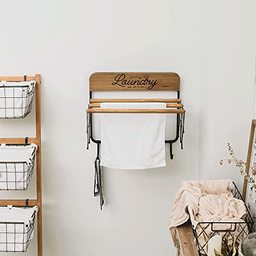 SOFFEE DESIGN Accordion Laundry Rack, Retractable Wall Mounted Racks, 3 Bars & 5 Hooks for Drying Rack Hanging Towels Clothes Save Space Perfect for Laundry Room, Bathroom, Mudroom, Wall Decor