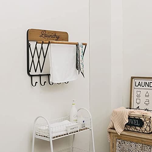 SOFFEE DESIGN Accordion Laundry Rack, Retractable Wall Mounted Racks, 3 Bars & 5 Hooks for Drying Rack Hanging Towels Clothes Save Space Perfect for Laundry Room, Bathroom, Mudroom, Wall Decor