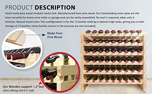 DisplayGifts Freestanding Stackable Storage Stand Display Shelves Wine Rack Wobble-Free 48 Bottle Capacity 8 X Rows, Pine Wood (Natural Pine, Unfinished)