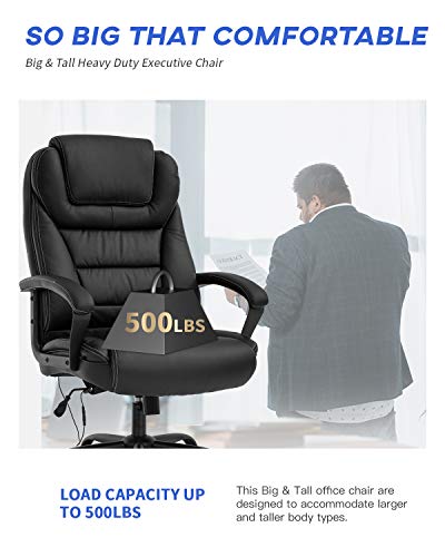 Big and Tall 500lbs Wide Seat Ergonomic Desk Chair with Lumbar Support Arms Headrest Massage Office Chair Rolling Swivel PU Leather Task Computer Chair for Adults,Black