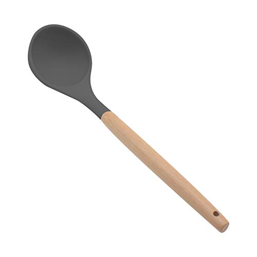 KUFUNG Silicone Ladle Spoon, Wooden Handle Seamless & Nonstick Kitchen Soup Ladle, BPA-free & Heat resistant up to 480°F, Silicone Kitchen Cooking Utensils Baking Tool (Grey)