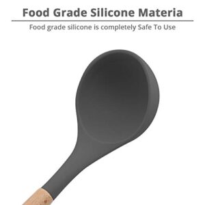 KUFUNG Silicone Ladle Spoon, Wooden Handle Seamless & Nonstick Kitchen Soup Ladle, BPA-free & Heat resistant up to 480°F, Silicone Kitchen Cooking Utensils Baking Tool (Grey)