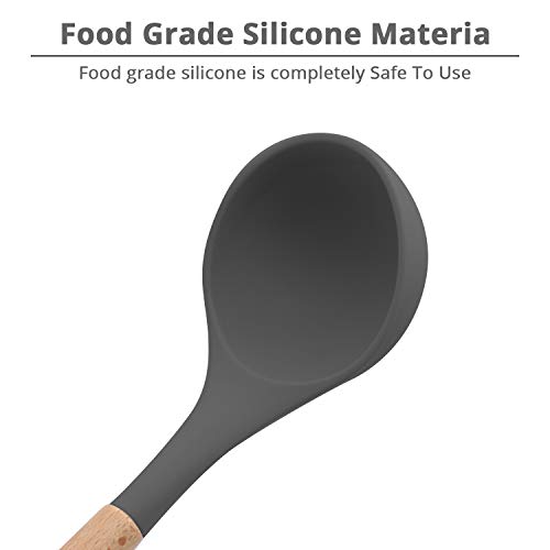 KUFUNG Silicone Ladle Spoon, Wooden Handle Seamless & Nonstick Kitchen Soup Ladle, BPA-free & Heat resistant up to 480°F, Silicone Kitchen Cooking Utensils Baking Tool (Grey)