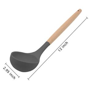 KUFUNG Silicone Ladle Spoon, Wooden Handle Seamless & Nonstick Kitchen Soup Ladle, BPA-free & Heat resistant up to 480°F, Silicone Kitchen Cooking Utensils Baking Tool (Grey)