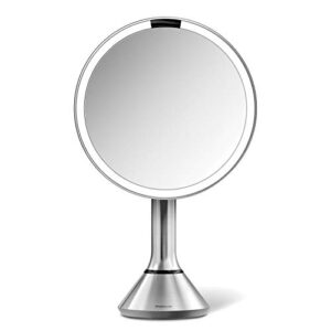 simplehuman 8" round sensor tabletop mount makeup mirror with touch-control dual light settings, 5x magnification, rechargeable and cordless, brushed stainless steel