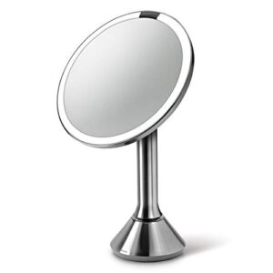 simplehuman 8" Round Sensor Tabletop Mount Makeup Mirror with Touch-Control Dual Light Settings, 5x Magnification, Rechargeable and Cordless, Brushed Stainless Steel