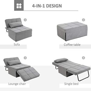 HOMCOM 4-in-1 Design Convertible Sofa Tea Table Lounge Chair Single Bed with 5-Level Adjustable Backrest, Footstool and Metal Frame for Living Room Bedroom, Grey