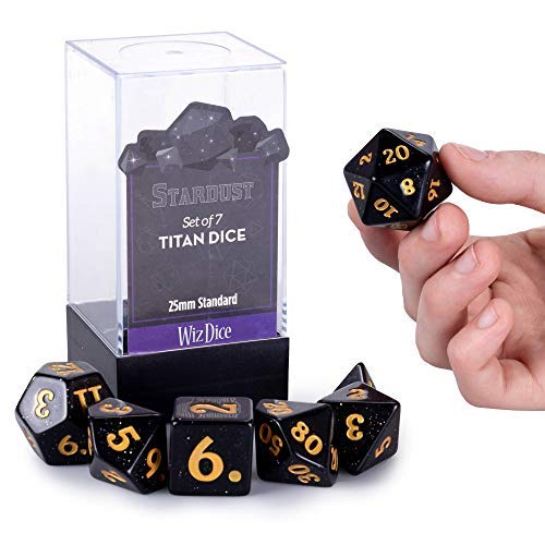 Wiz Dice Titan 25mm Dice - Large Polyhedral Dice Set for Various Role Playing Dice Games - Stardust 7 Cnt - DND Dice Set with a Clear Dice Box - Includes D4, D6, D8, D10, D10(0), D12 & D20