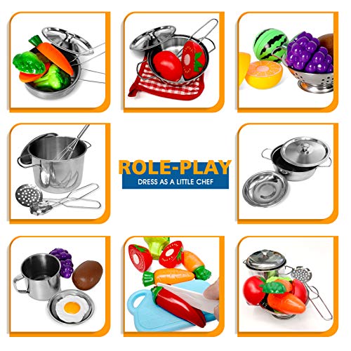 POPUTOY 28Pcs Pretend Play Kitchen Toys, Kitchen Playset Cooking Toys Set with Stainless Steel Cookware and Accessories for Kids Toddlers Girls Boys