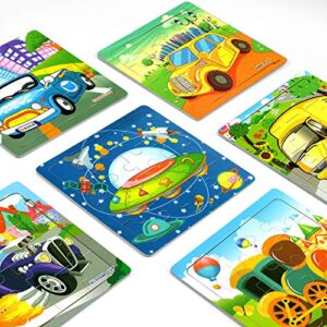 Vileafy 6 Pack Wooden Puzzles for Kids Ages 3-5 Years Old, 16 Pieces Preschool Puzzles for Boys and Girls with Organza Bags