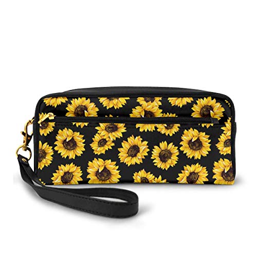 Hipster Golden Sunflowers Pencil Case Big Capacity Multifunction Storage Pouch Leather Cosmetic Makeup Bag, Stationery Organizer with Zipper for School Office