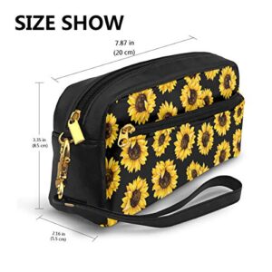 Hipster Golden Sunflowers Pencil Case Big Capacity Multifunction Storage Pouch Leather Cosmetic Makeup Bag, Stationery Organizer with Zipper for School Office