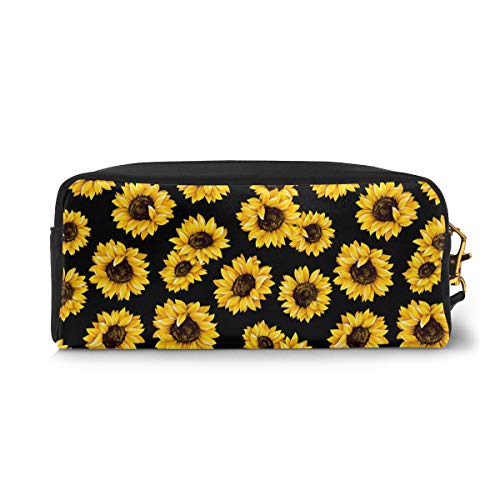 Hipster Golden Sunflowers Pencil Case Big Capacity Multifunction Storage Pouch Leather Cosmetic Makeup Bag, Stationery Organizer with Zipper for School Office