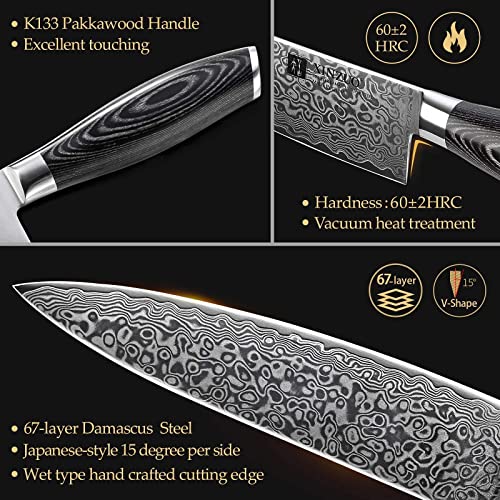 XINZUO Damascus 2Pcs Kitchen Knife Set, Hand Forged 67 Layers Damascus steel Chef Knife Utility Knife, Special cooking knife for restaurant kitchen, Ergonomic Pakkawood Handle - YA Series