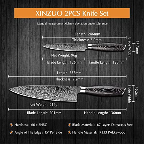 XINZUO Damascus 2Pcs Kitchen Knife Set, Hand Forged 67 Layers Damascus steel Chef Knife Utility Knife, Special cooking knife for restaurant kitchen, Ergonomic Pakkawood Handle - YA Series