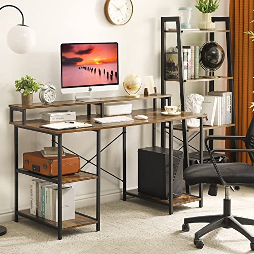 YMYNY 55" Industrial Computer Desk with Dual Monitor CPU Stand, Studying Writing Desk with Storage Shelves, Gaming Study Table Workstation for Home Office, Easy Assembly, Rustic Brown, HD-UHTMJ056H