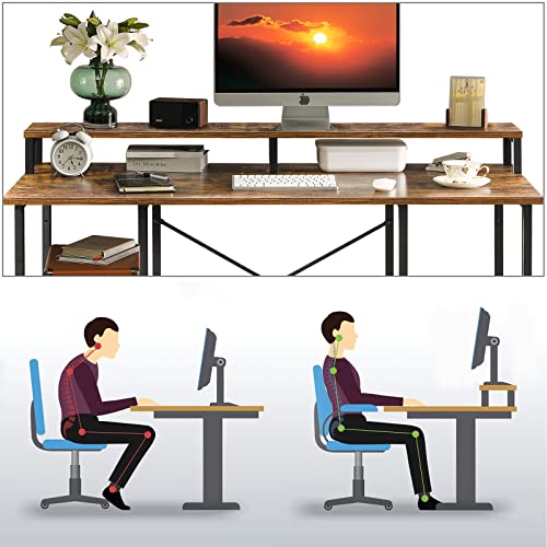 YMYNY 55" Industrial Computer Desk with Dual Monitor CPU Stand, Studying Writing Desk with Storage Shelves, Gaming Study Table Workstation for Home Office, Easy Assembly, Rustic Brown, HD-UHTMJ056H