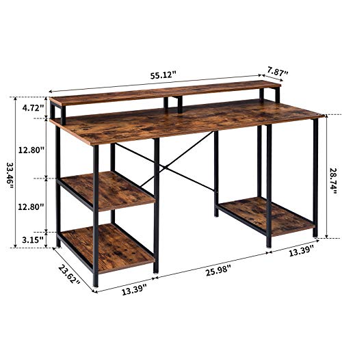 YMYNY 55" Industrial Computer Desk with Dual Monitor CPU Stand, Studying Writing Desk with Storage Shelves, Gaming Study Table Workstation for Home Office, Easy Assembly, Rustic Brown, HD-UHTMJ056H