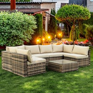 LEISU 7 Pieces Outdoor Sectional Furniture Set All-Weather Patio Sectional Sofa 7-Piece Conversation Set with Cushions (7 Pieces)